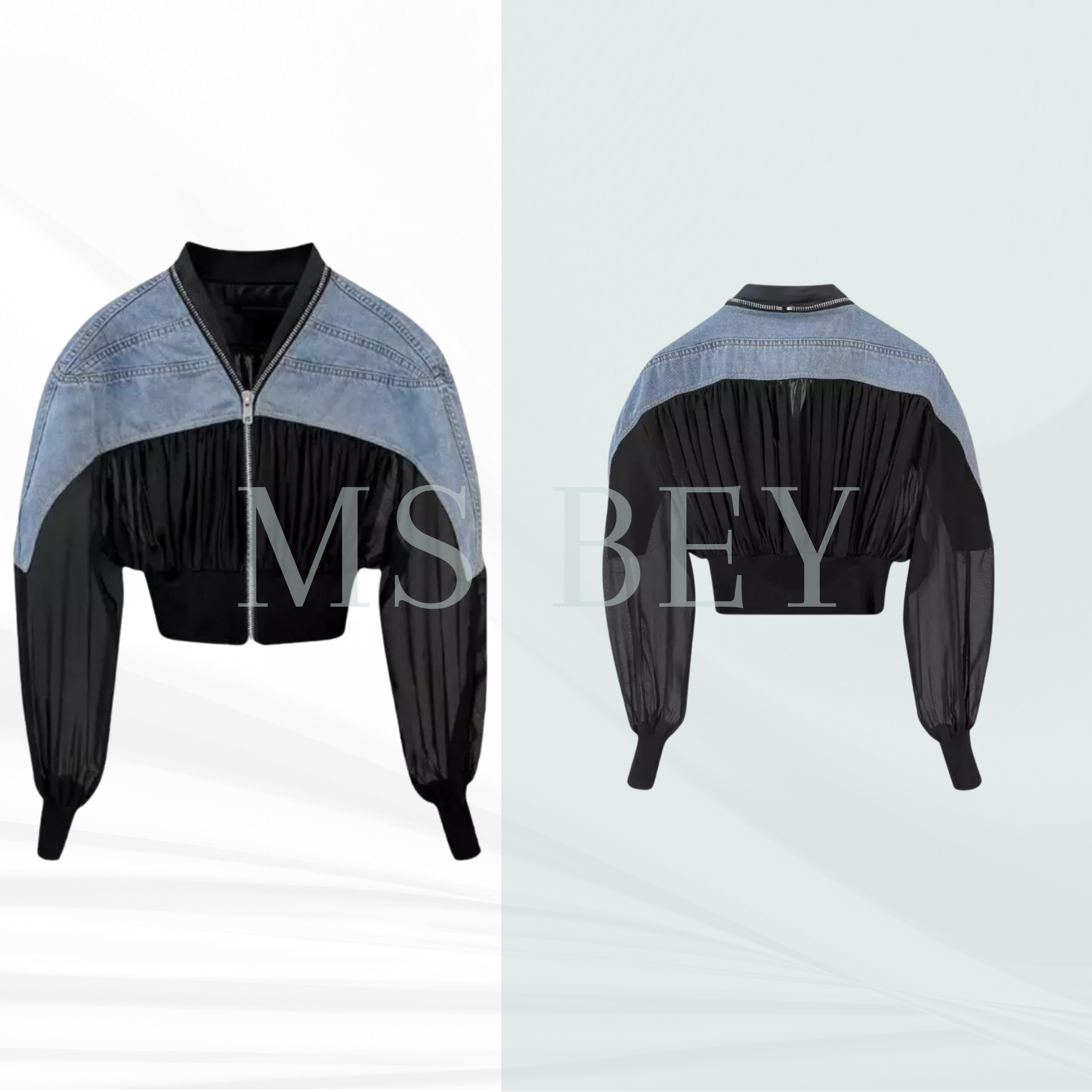 Lina Denim Sheer Bomber Jacket - MsBey